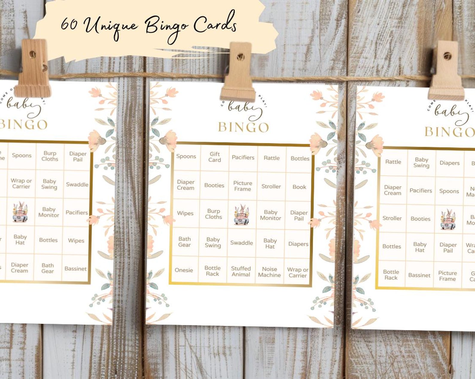 Baby Shower Bingo, 60 Unique Game Cards, Vintage Floral Woodland Bunny ...