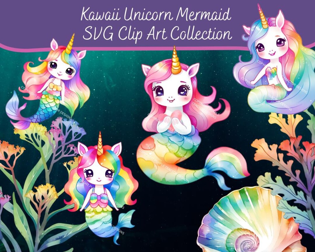 Unicorn Mermaid SVG Clipart | 10 Kawaii Sea Unicorns + 6 Ocean ...