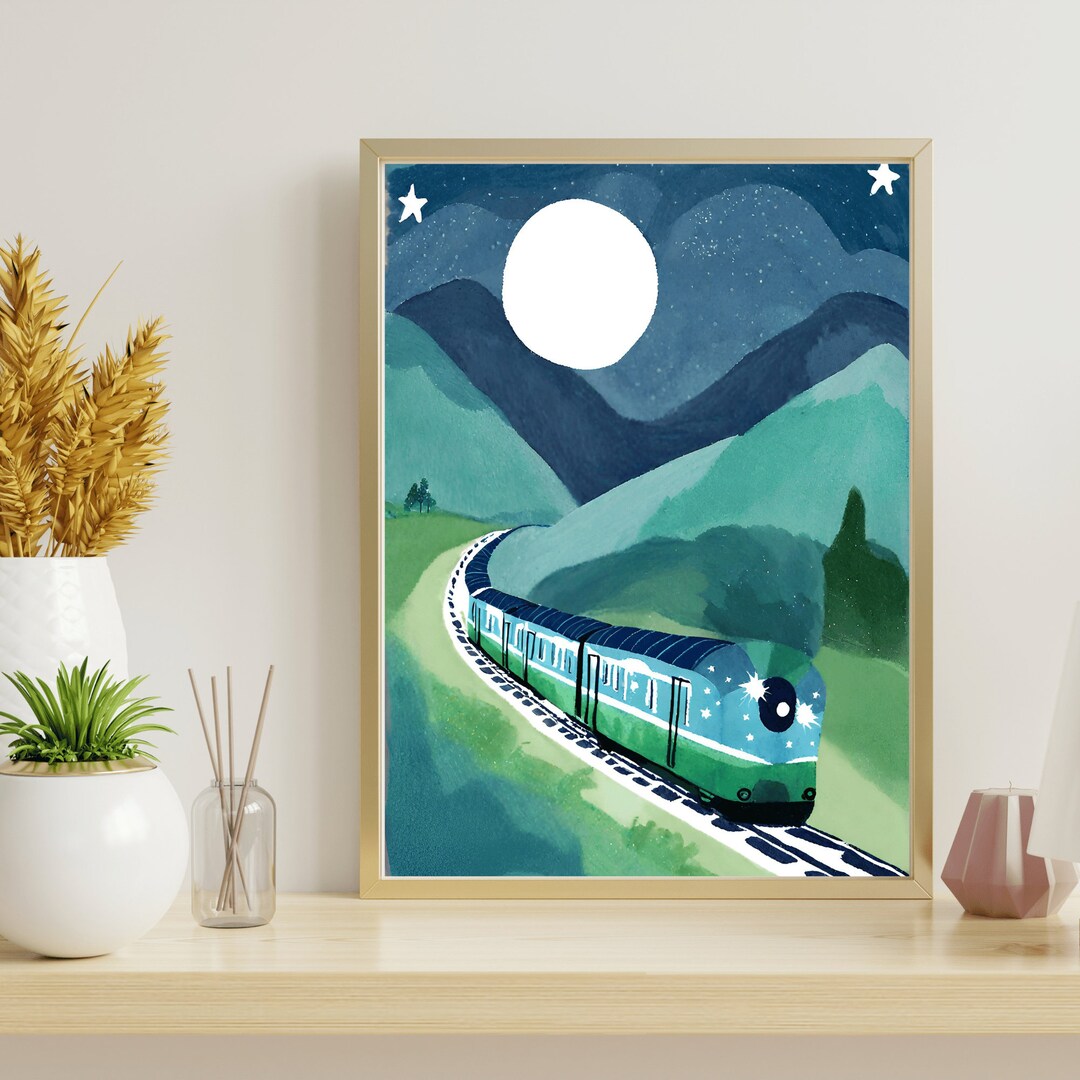 Blue/green Trains at Night 4: Kids Decor, Vehicle Wall Art, Nursery ...