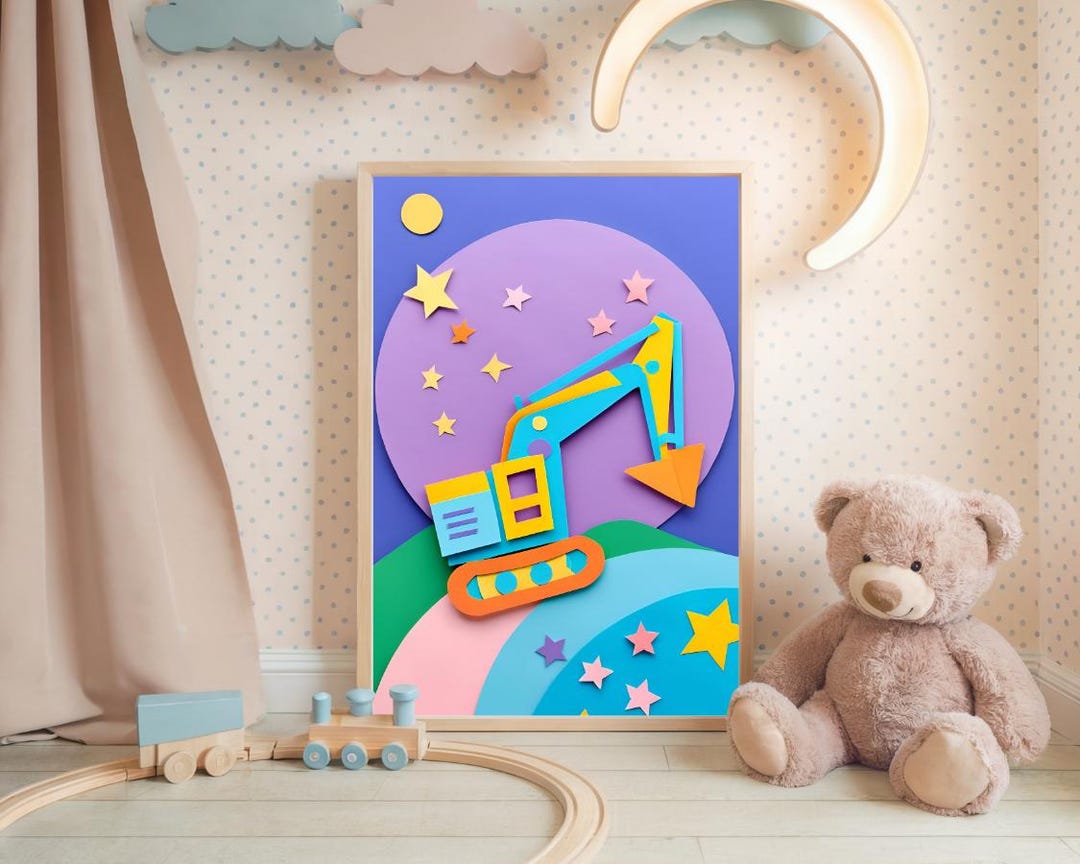 Outer Space Construction Excavator Digital Print | Papercut Style ...
