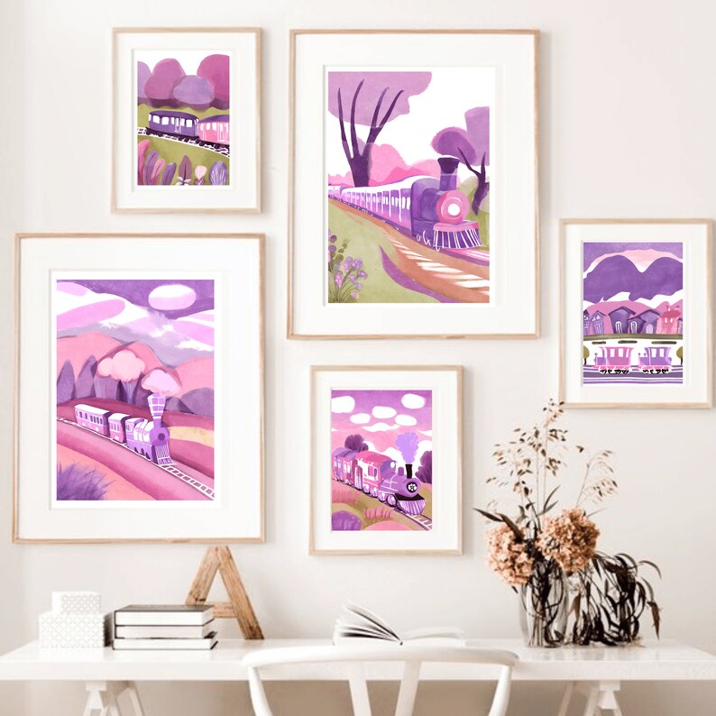 Pink-purple Trains Wall Art Set trains in the Mountains: Digital ...