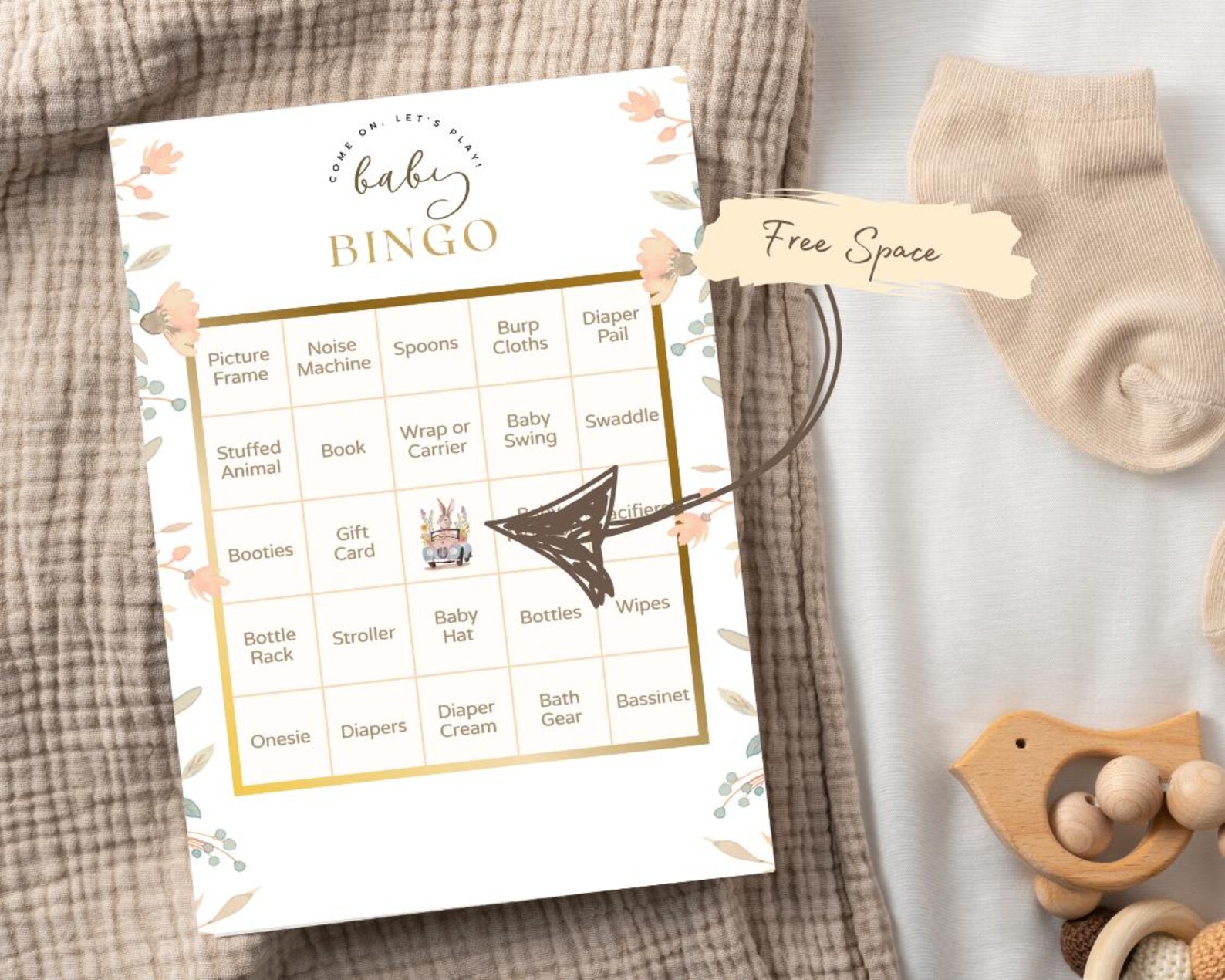 Baby Shower Bingo, 60 Unique Game Cards, Vintage Floral Woodland Bunny ...