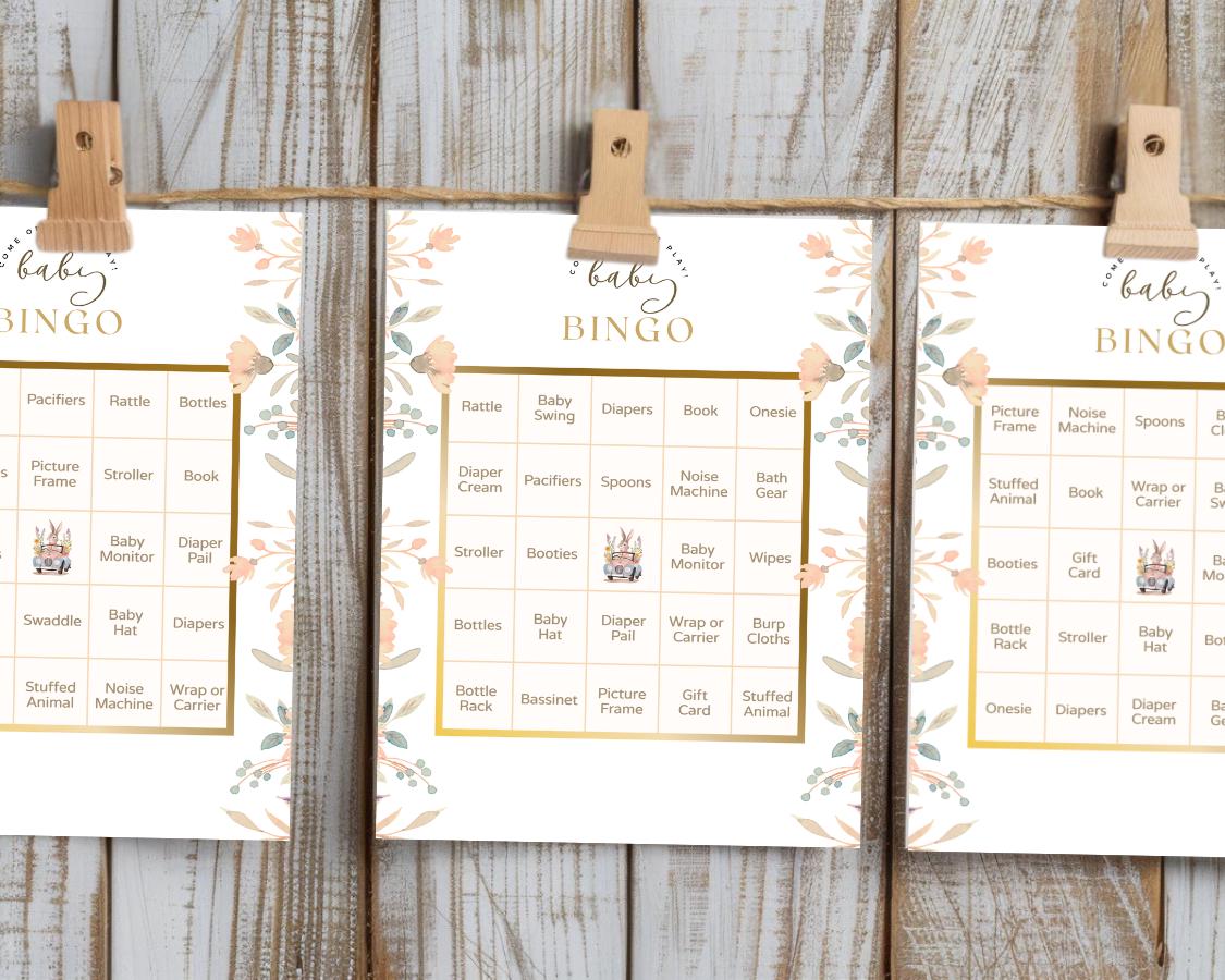 Baby Shower Bingo, 60 Unique Game Cards, Vintage Floral Woodland Bunny ...