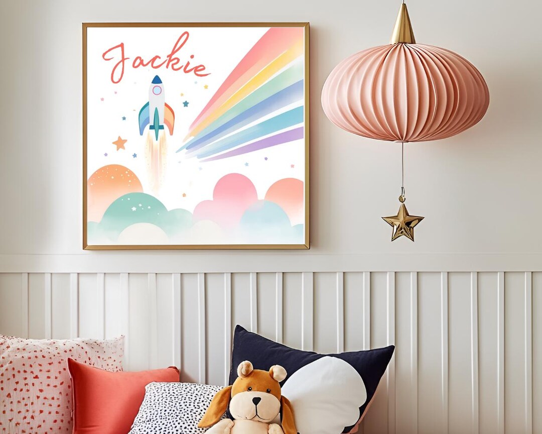 Personalized Rocket Name Print – Digital Baby Shower Gift, Rainbow ...