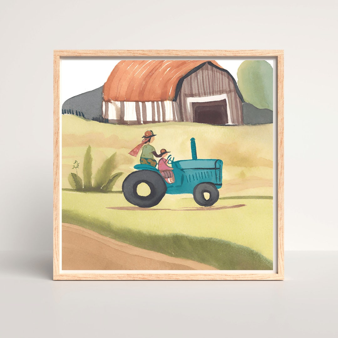 Mom/child Teal Tractor: Square Print, Kids Room, Nursery, Baby Shower ...
