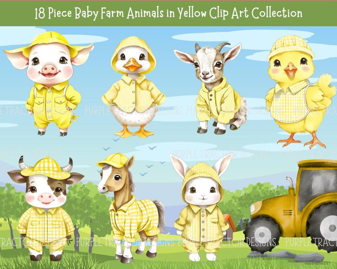 Yellow Farm Animal Clipart: Gingham Barnyard Creatures, Tractors ...