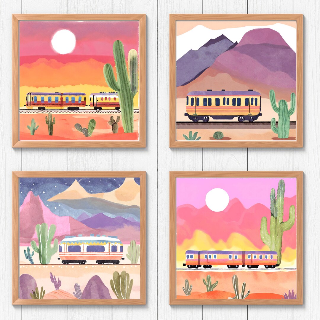 Trains Wall Art Set colorful Trains in the Dessert: Digital Download ...