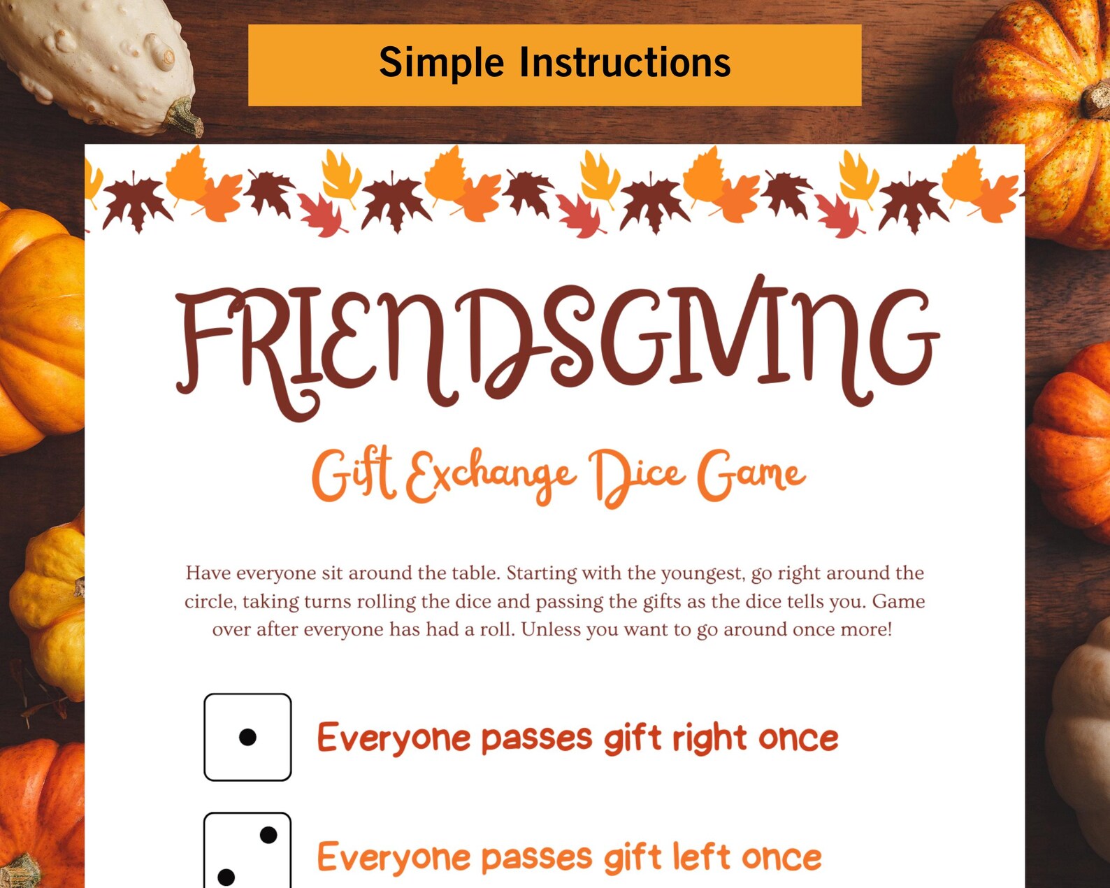 Friendsgiving Gift Exchange Dice Game, Easy Roll the Dice and Pass the ...