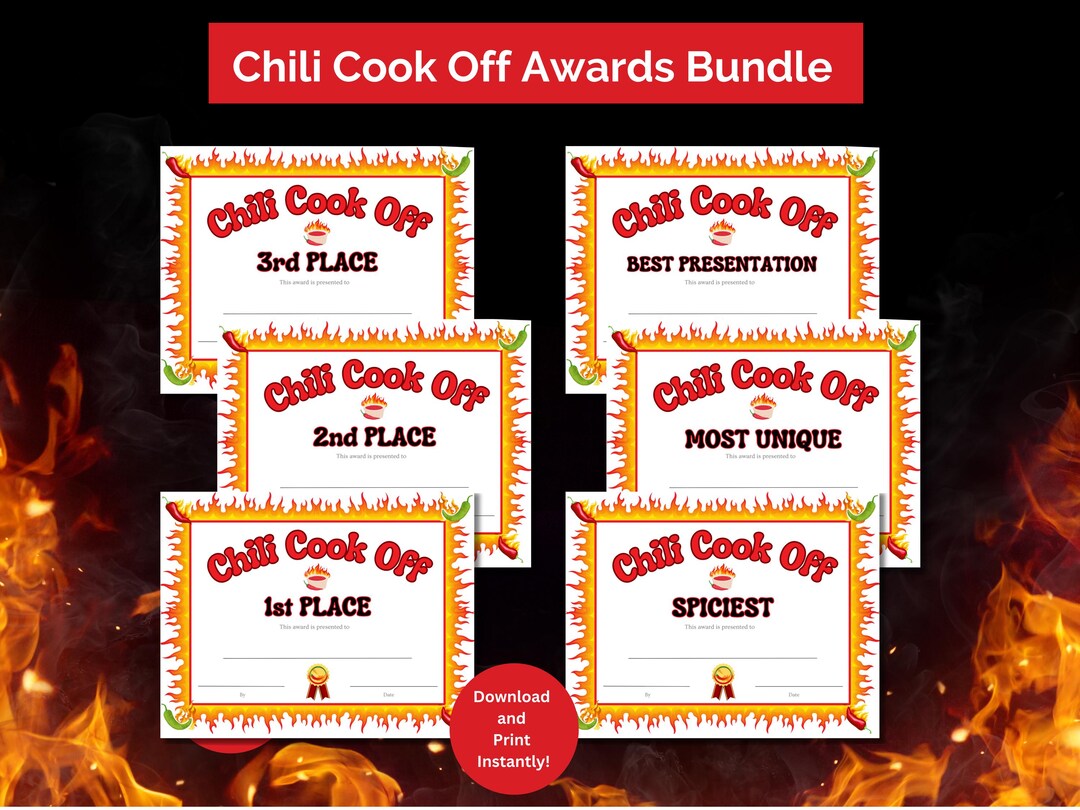 Chili Cook off Contest Prize Award Certificates for Fun Tailgate ...