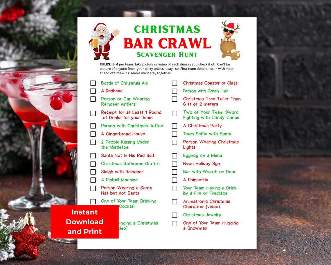Christmas Bar Crawl Scavenger Hunt Game for Adults, Xmas Holiday Phone ...