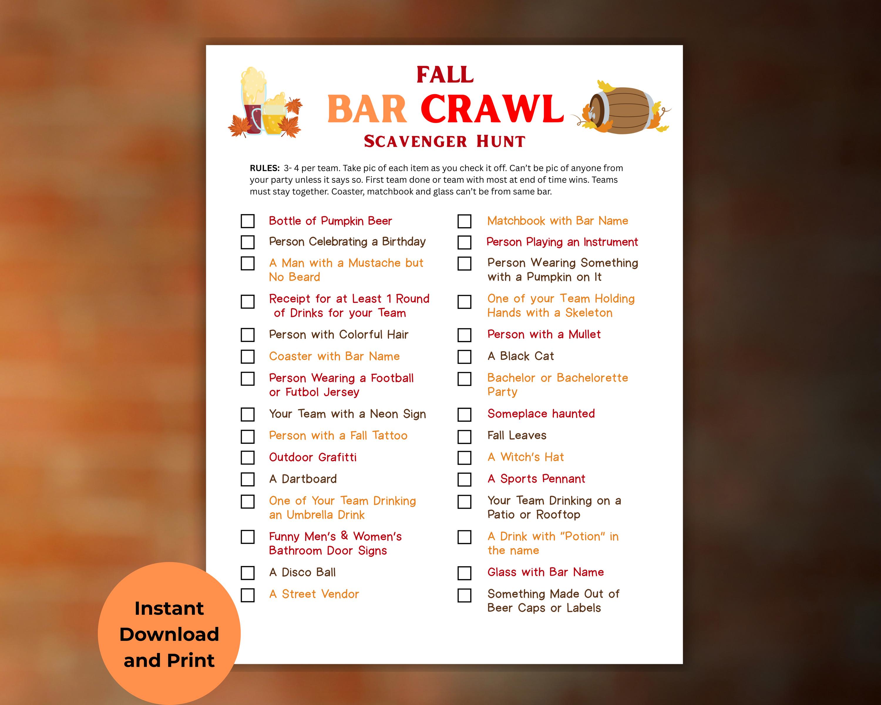 Fall Bar Crawl Scavenger Hunt Game for Adults, Halloween Phone Photo ...