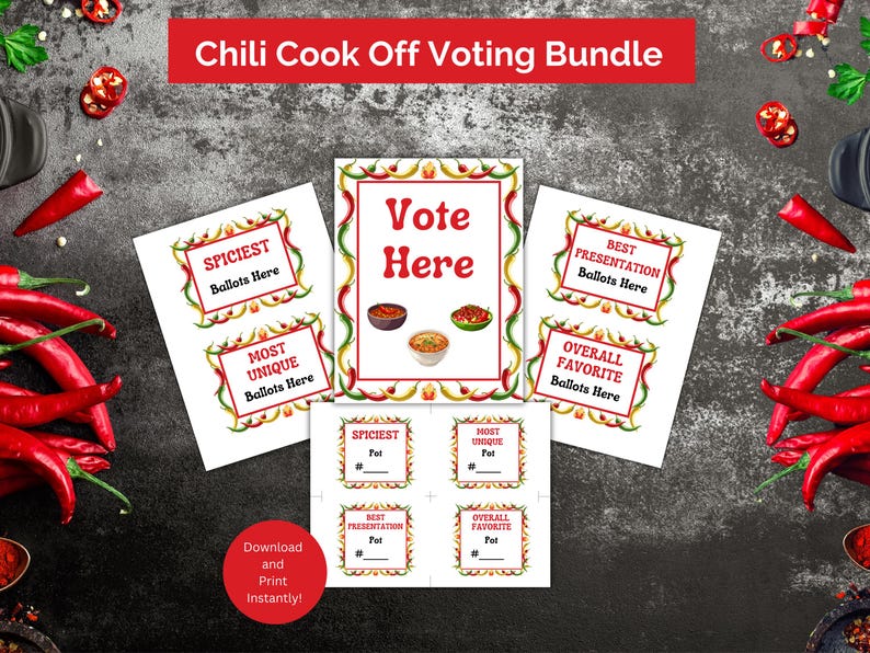 Chili Cook off Voting Cards Bundle, Sign, Ballot Box Labels and Ballots ...