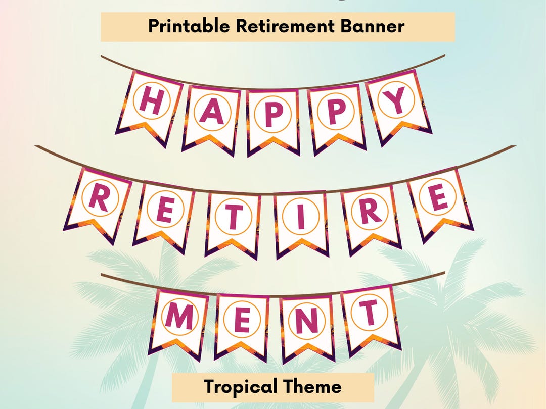 Retirement Party Pennant Garland Sign, Retro Tropical Sunset Palm Tree ...