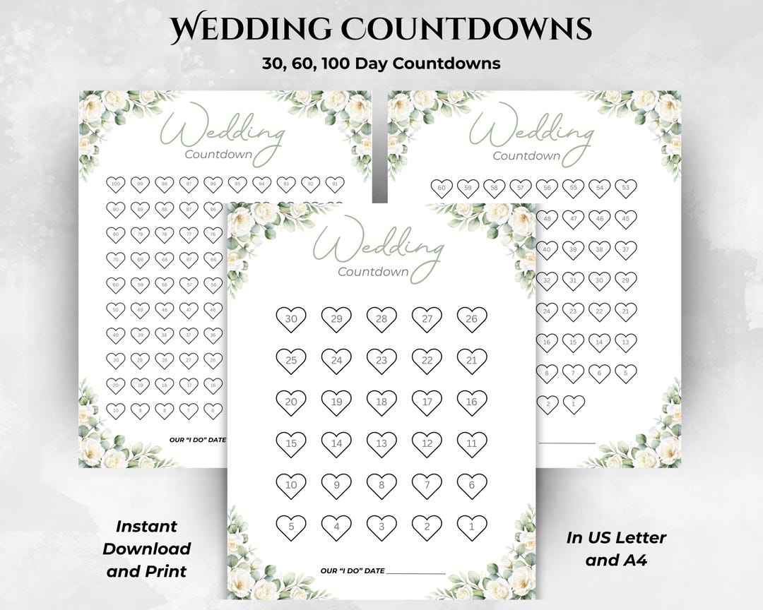 Wedding Countdown Calendar, 30 60 and 100 Day Wedding Timeline Trackers ...
