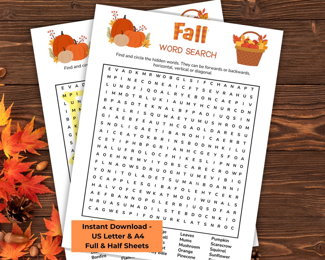 Fall Word Search Printable for Adults, Autumn Party Game, Word Find ...