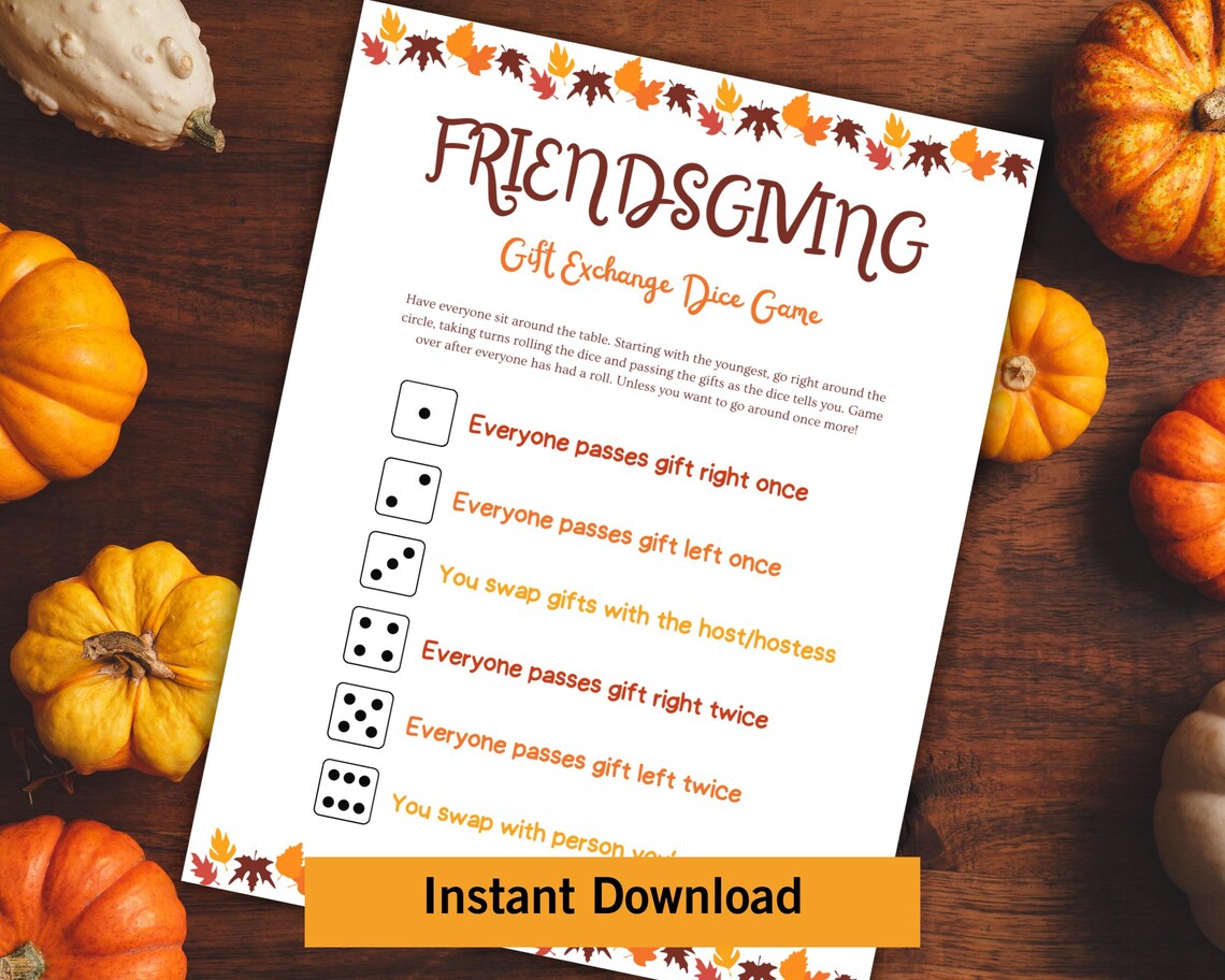 Friendsgiving Gift Exchange Dice Game, Easy Roll the Dice and Pass the ...