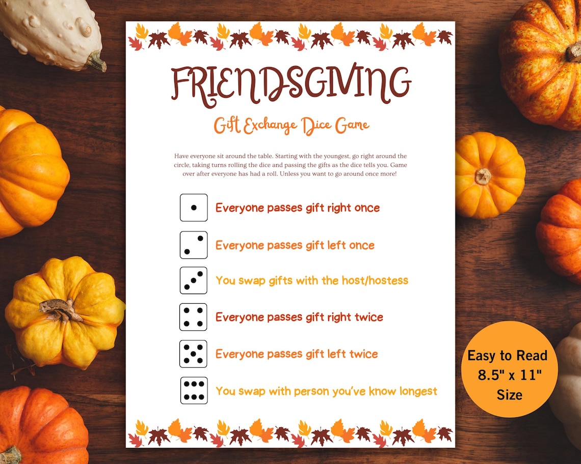 Friendsgiving Gift Exchange Dice Game, Easy Roll the Dice and Pass the ...