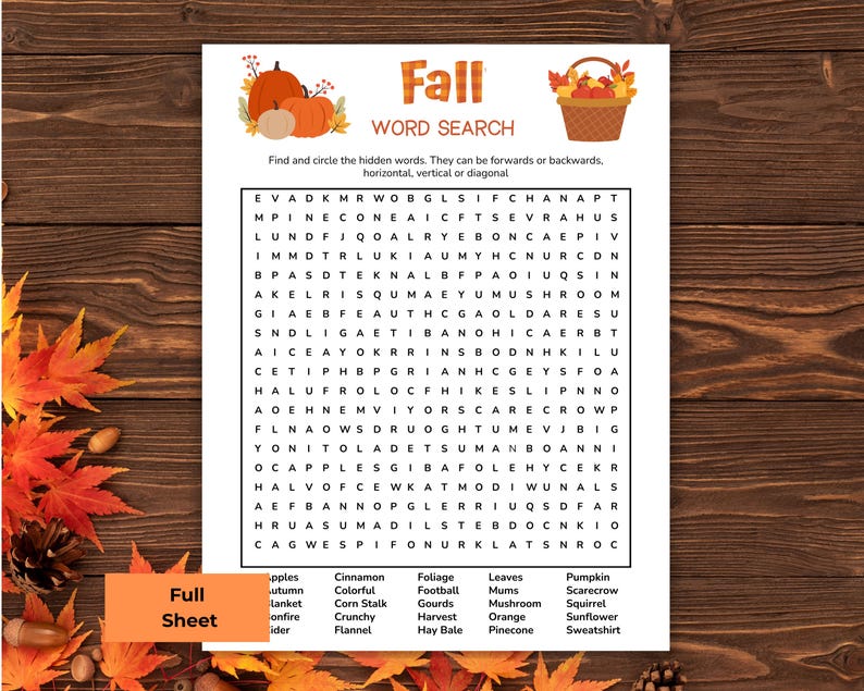 Fall Word Search Printable for Adults, Autumn Party Game, Word Find ...