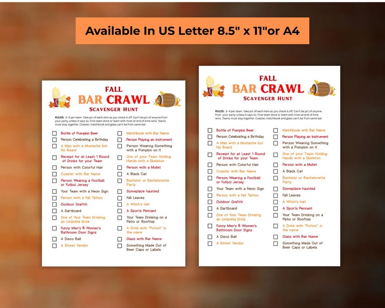 Fall Bar Crawl Scavenger Hunt Game for Adults, Halloween Phone Photo Pub Crawl Treasure Hunt, Us ...