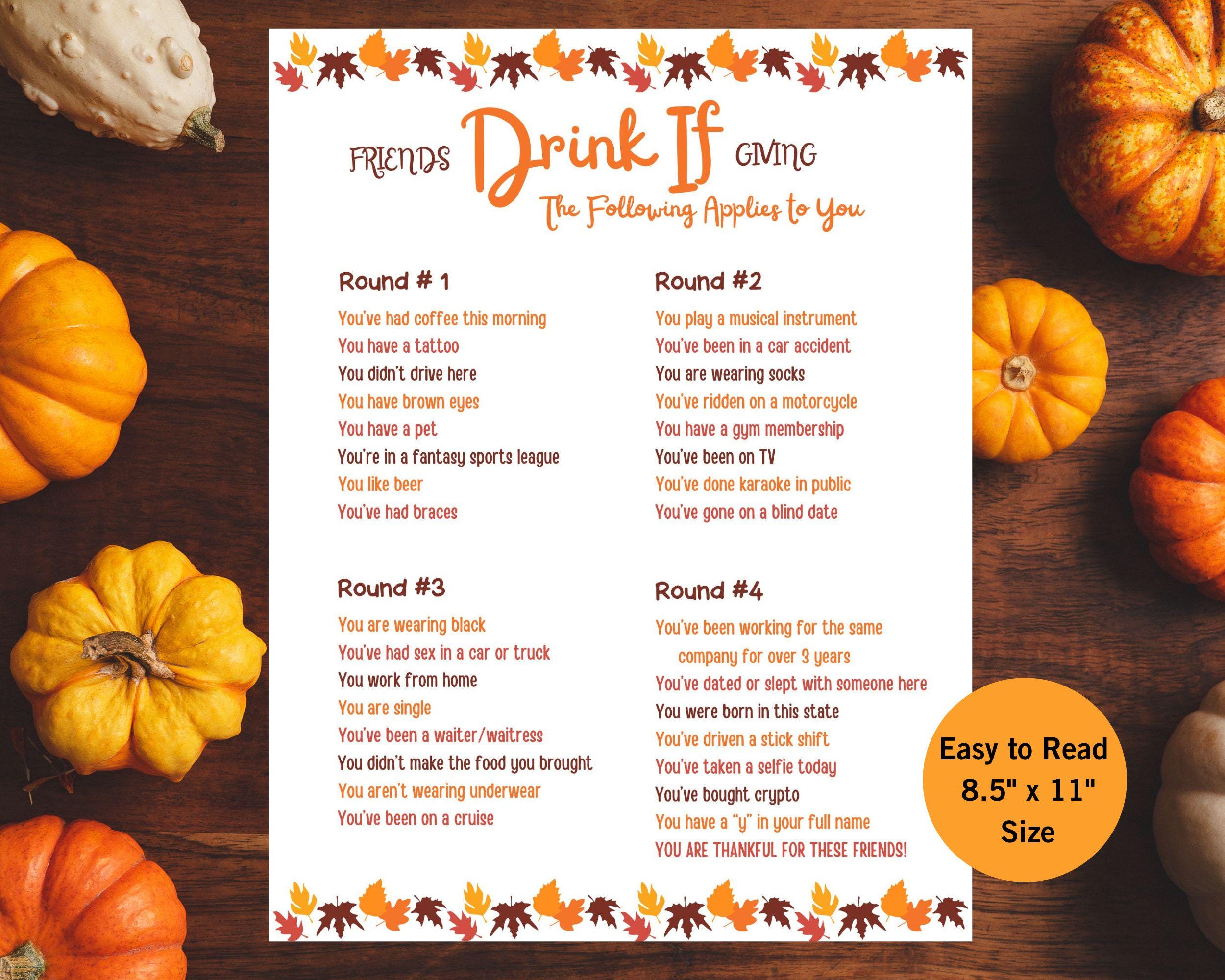 Friendsgiving Drink If Drinking Game, Icebreaker Questions to Get to ...