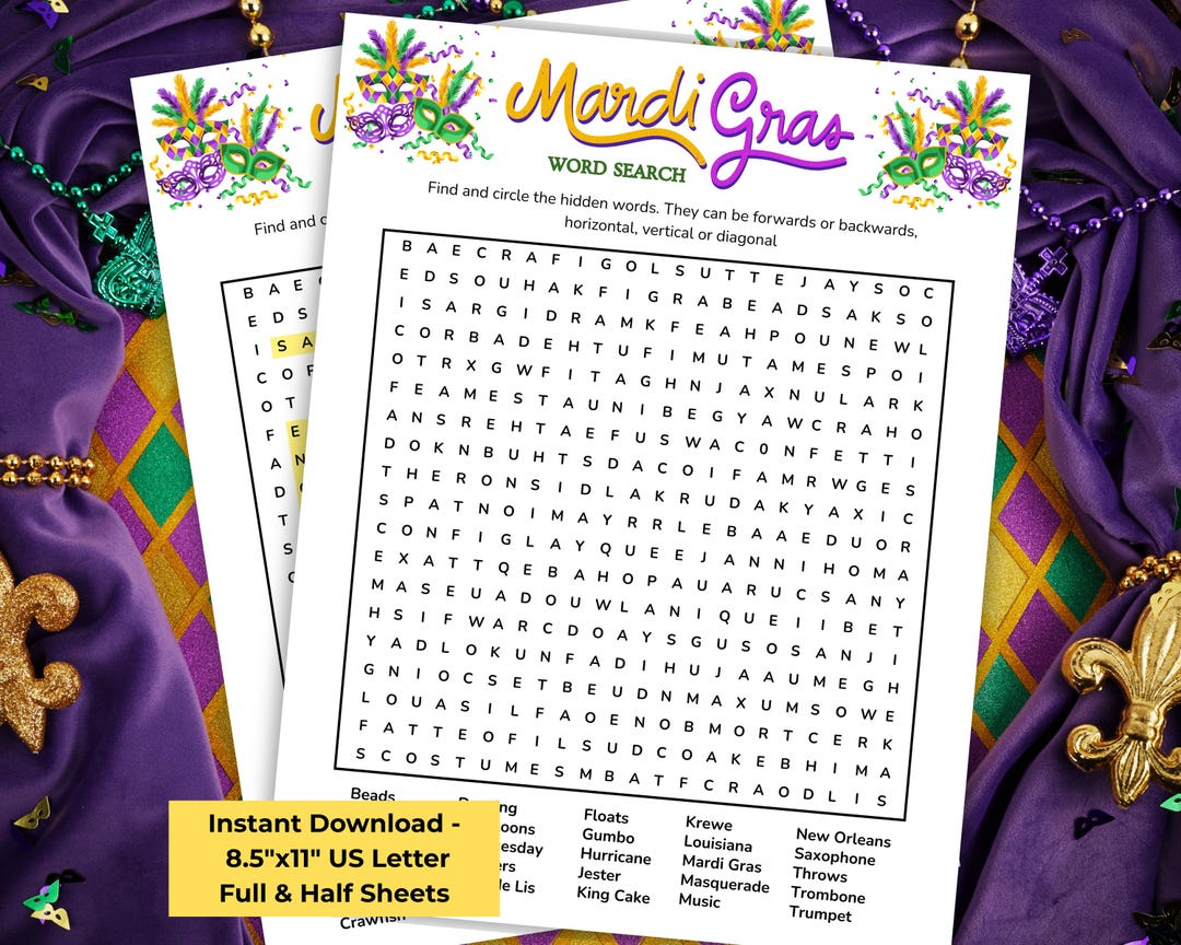 Mardi Gras Word Search, Printable New Orleans Mardigras Games, Sip and ...
