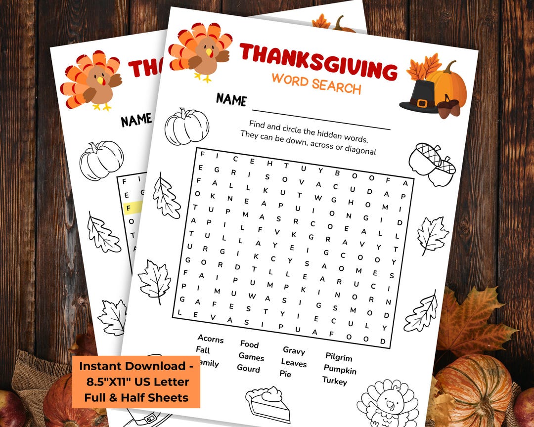 Thanksgiving Word Search Printable for Kids, Word Find Brain Teaser ...