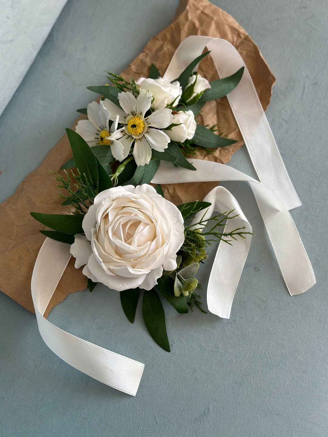 Single White Rose Wrist Corsage With Greenery, Prom Wrist Corsage With ...