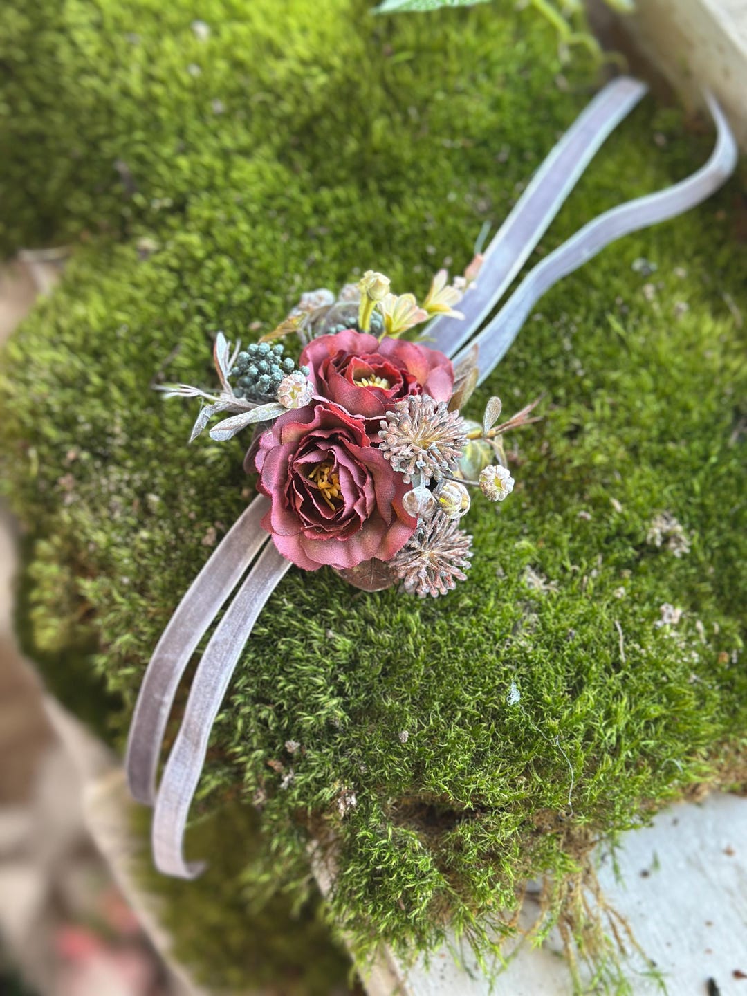 Burgundy Wrist Corsage, Ribbon Bracelet, Bridesmaid Corsage, Homecoming ...