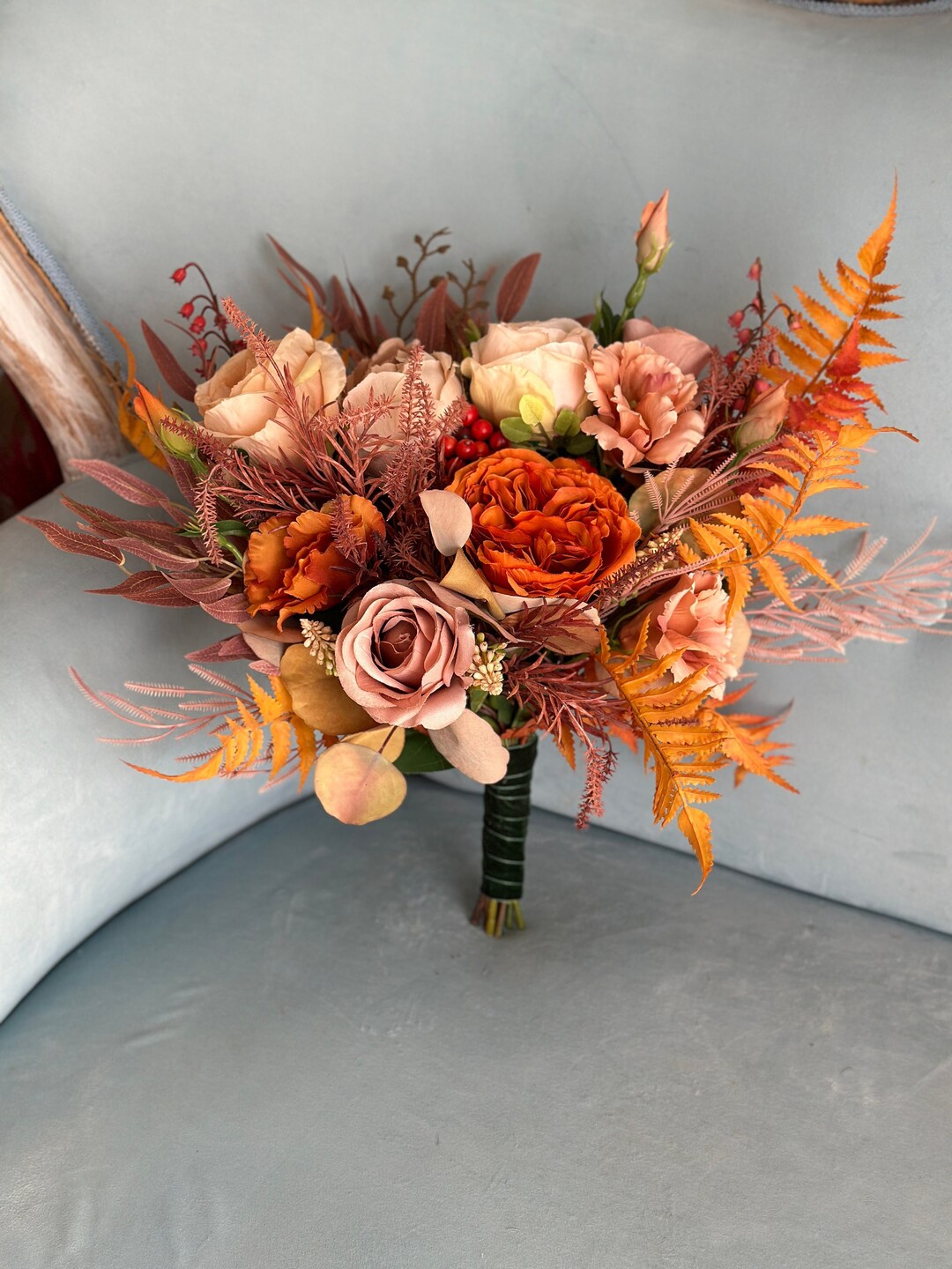 Orange Fall Bridal Bouquet, Roses Wedding Bouquet Autumn Style, Burnt ...