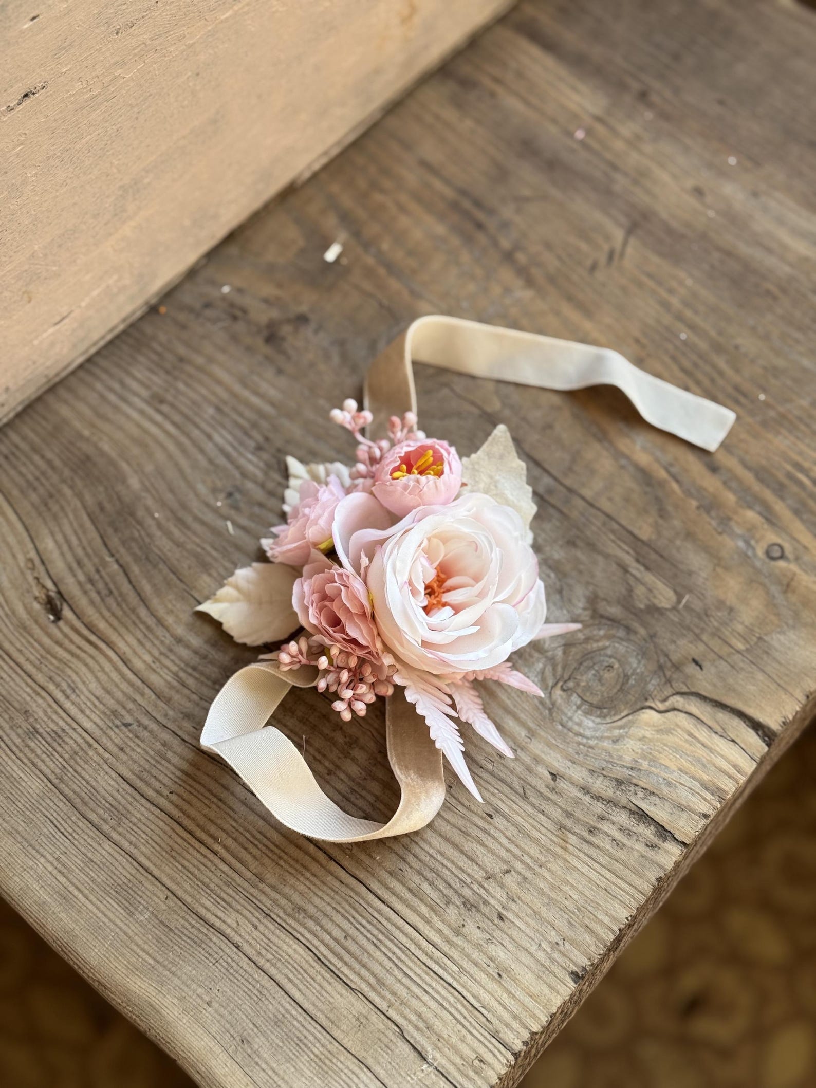 Pink Cherry Blossom and Rose Wrist Corsage, Wedding Ribbon Bracelet ...