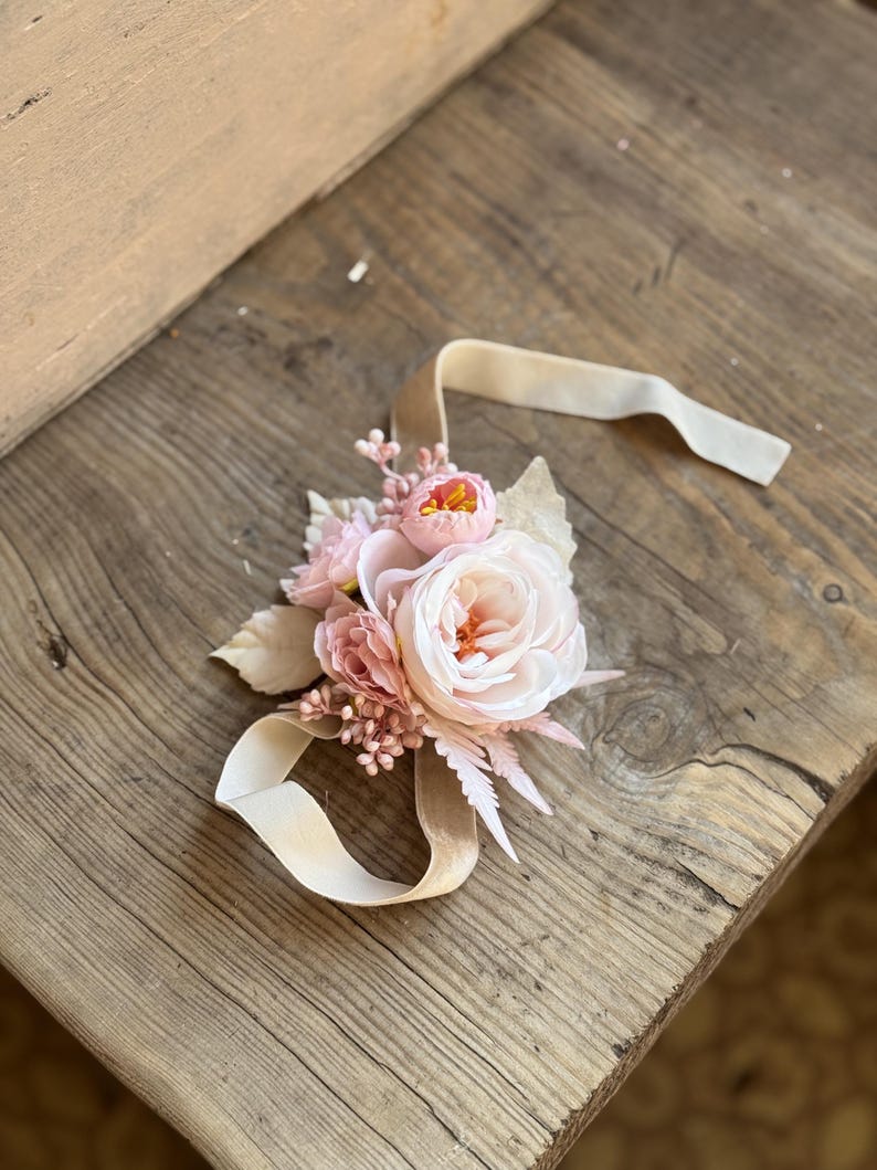 Pink Cherry Blossom and Rose Wrist Corsage, Wedding Ribbon Bracelet ...