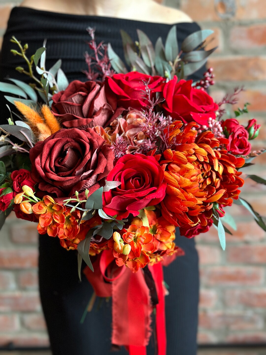 Bright Red and Orange Bridal Bouquet, Bridesmaid Bouquet, Woodland ...
