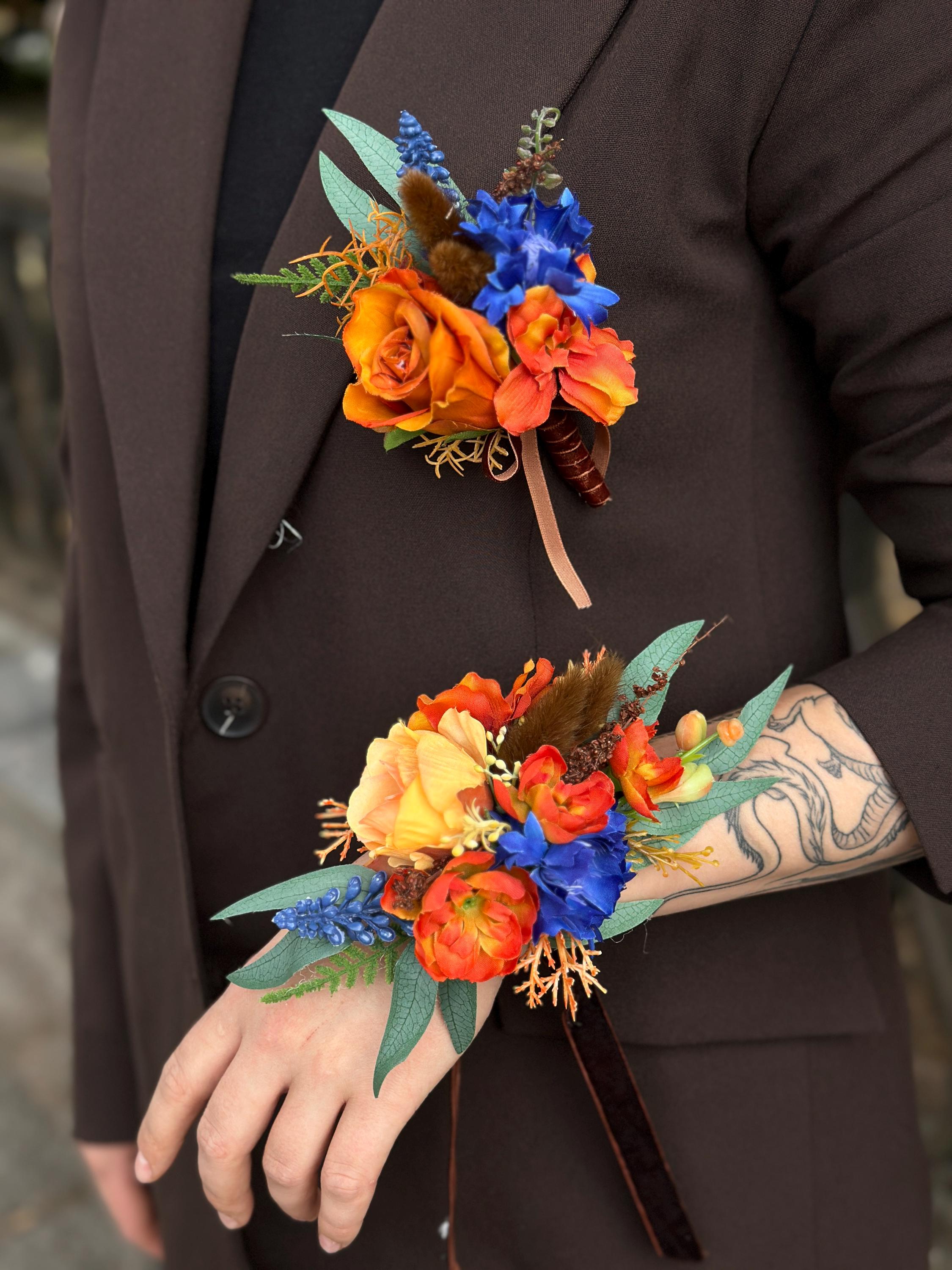 Orange and Royal Blue With Greenery Floral Wedding Accessories, Wrist ...