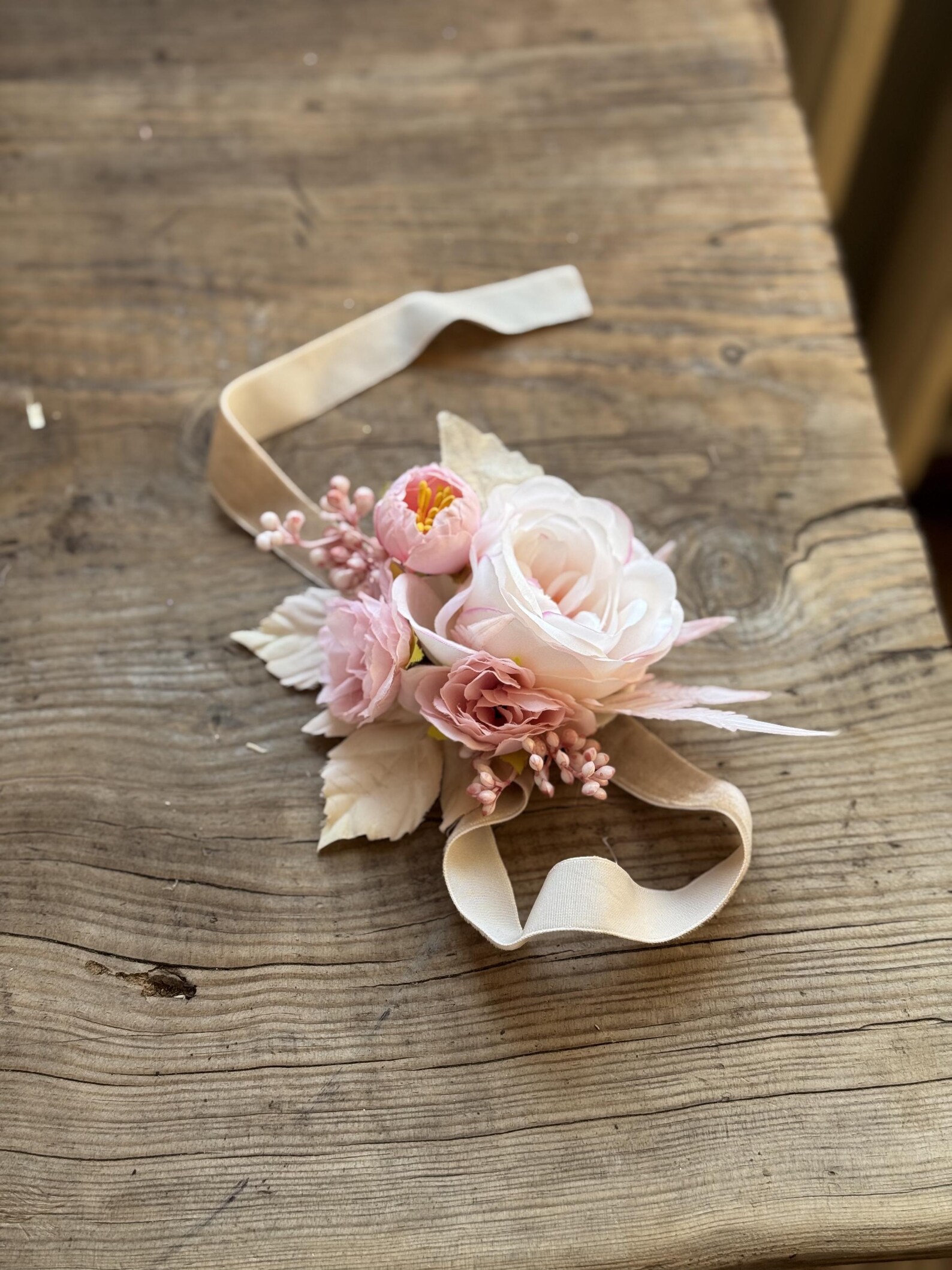 Pink Cherry Blossom and Rose Wrist Corsage, Wedding Ribbon Bracelet ...