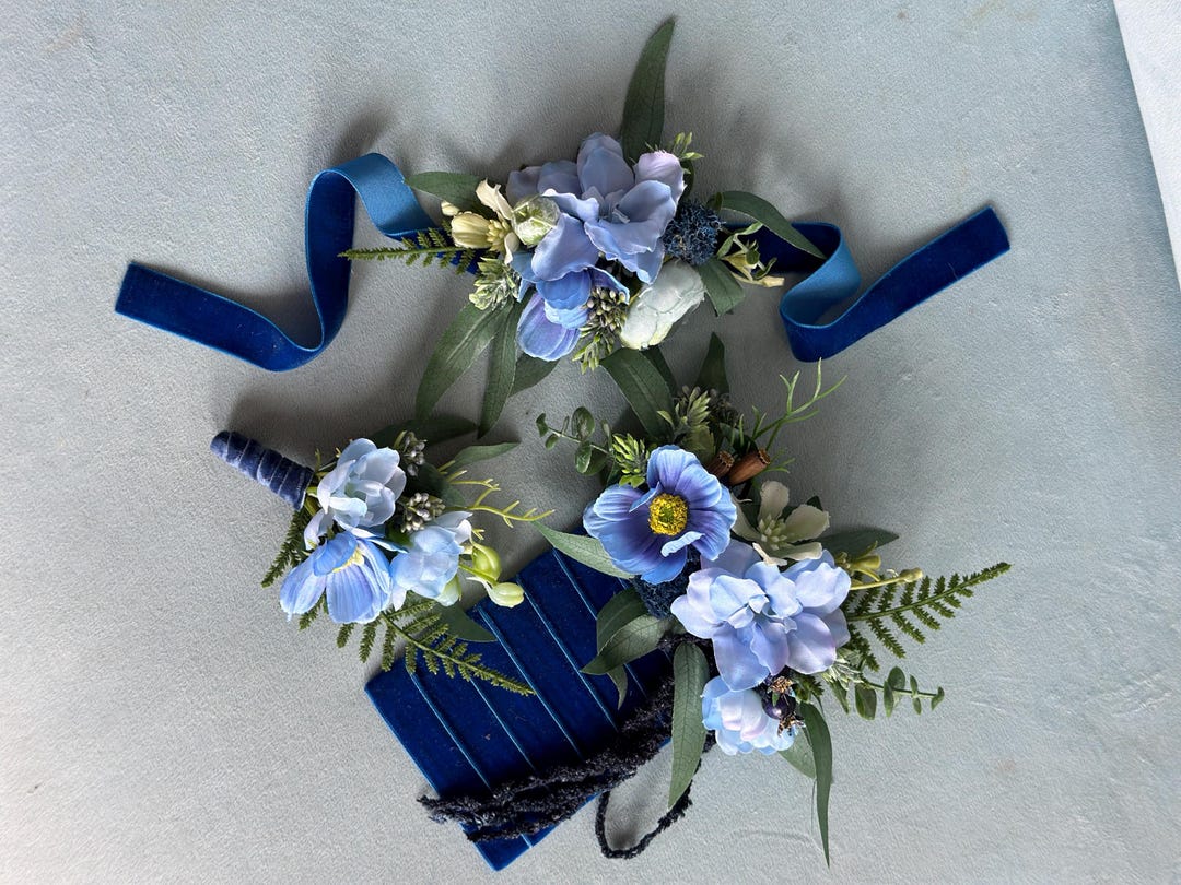 Blue Corsage and Boutonniere Set Prom, Blue Wrist Corsage, Prom ...
