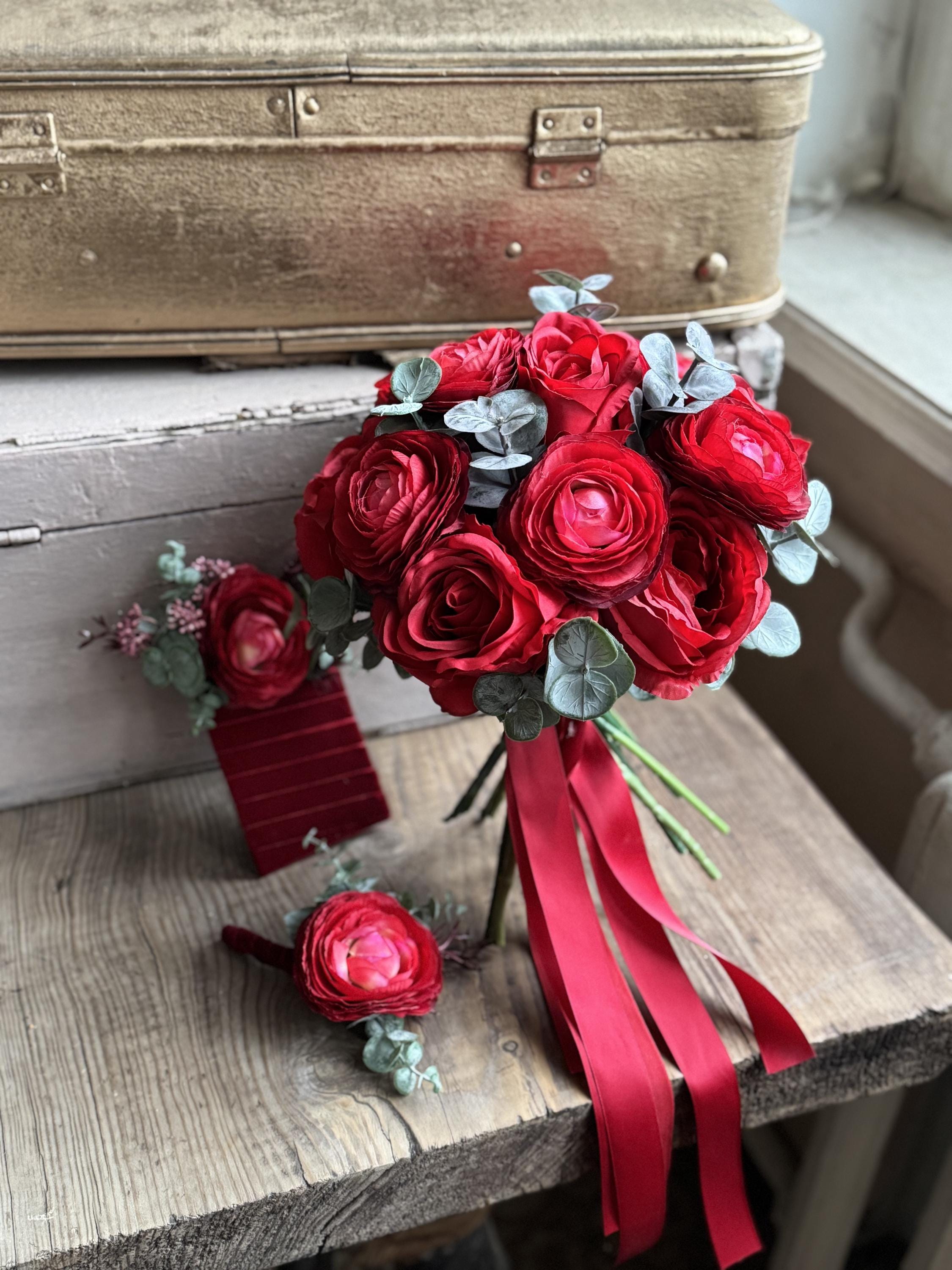 Red Roses Bouquet, Red Wedding Bouquet, Faux Flower Bouquet, Deep Red ...