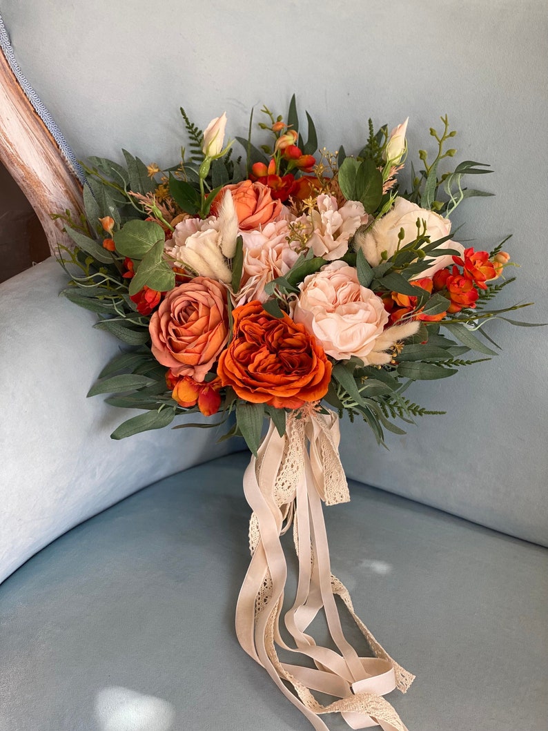 Statement Fall Wedding Bouquet, Bohemian Peach Roses Bridal Bouquet ...