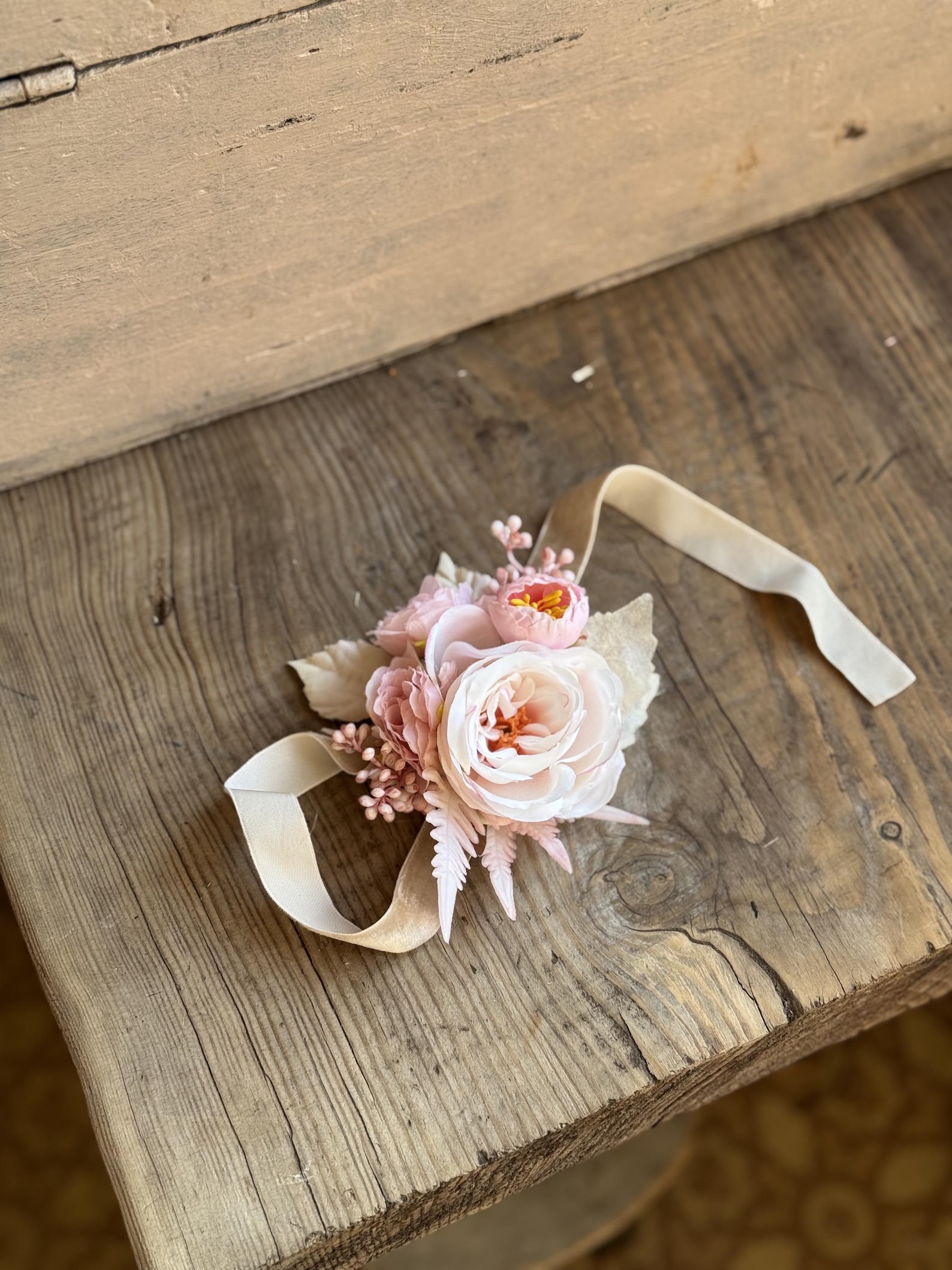 Pink Cherry Blossom and Rose Wrist Corsage, Wedding Ribbon Bracelet ...