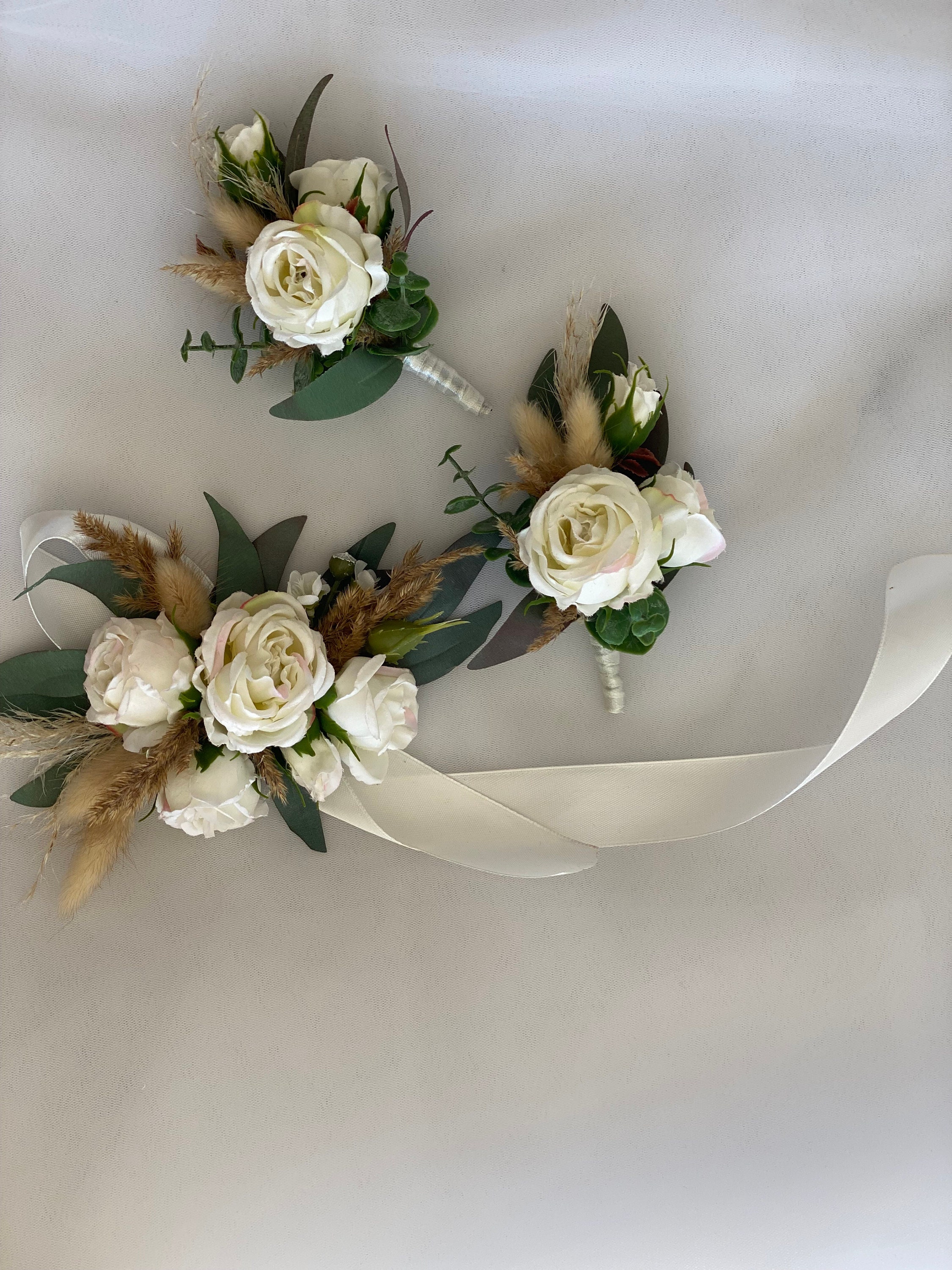 Classic White Roses Boutonniere, Faux Flower Boutonniere, Cream Corsage ...