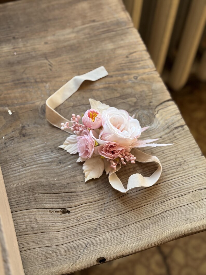 Pink Cherry Blossom and Rose Wrist Corsage, Wedding Ribbon Bracelet ...
