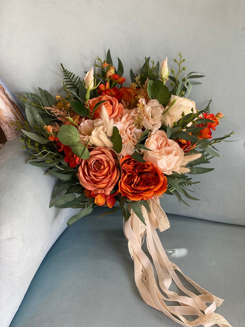 Statement Fall Wedding Bouquet, Bohemian Peach Roses Bridal Bouquet ...