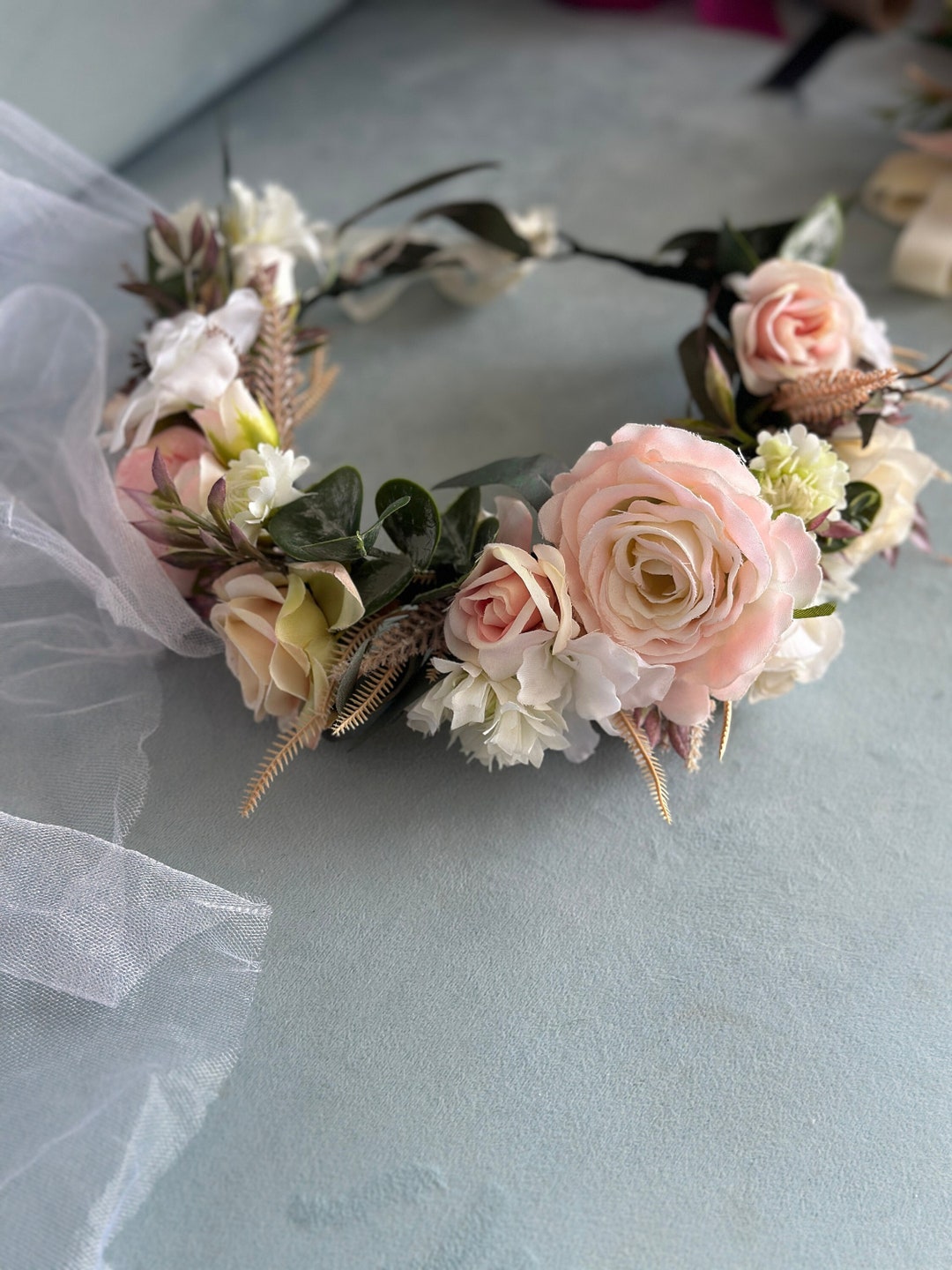 Light Pink Flower Crown for Bride, Floral Crown With Fabric Flowers ...