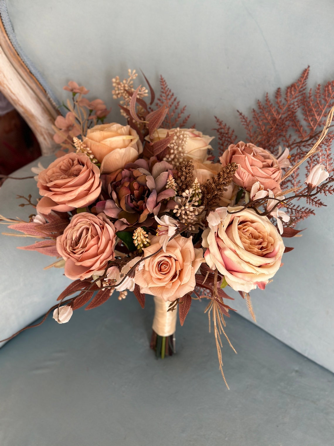 Dainty Silk Roses Bridal Bouquet, Soft Peach Roses Wedding Bouquet ...