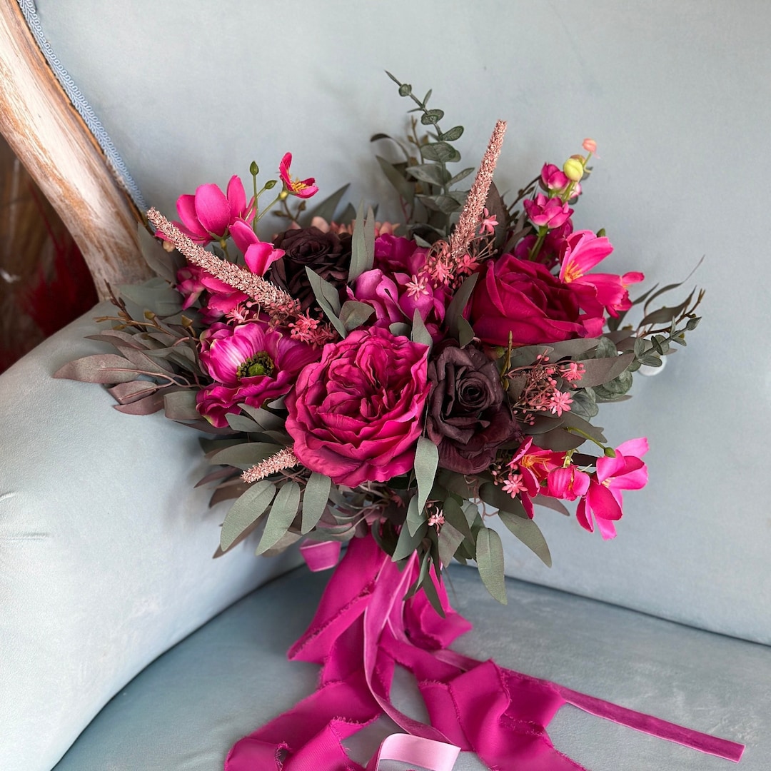 Fuchsia Roses Bridal Bouquet, Magenta Roses With Greenery Bridesmaid ...