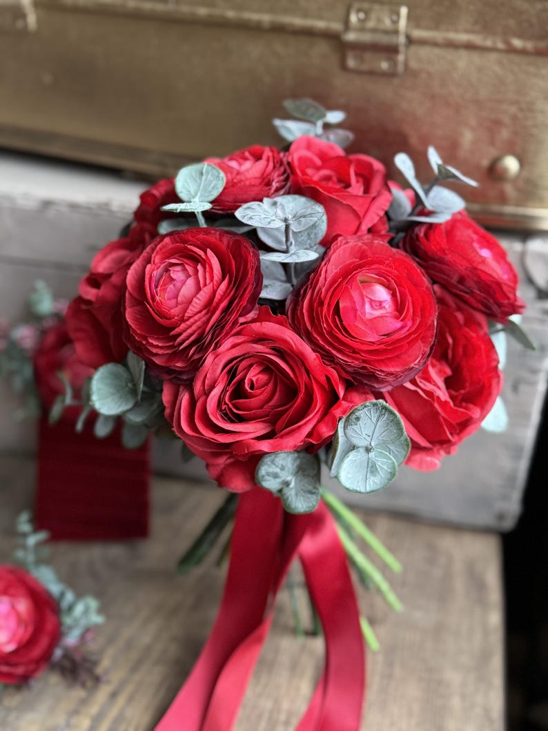 Red Roses Bouquet, Red Wedding Bouquet, Faux Flower Bouquet, Deep Red ...