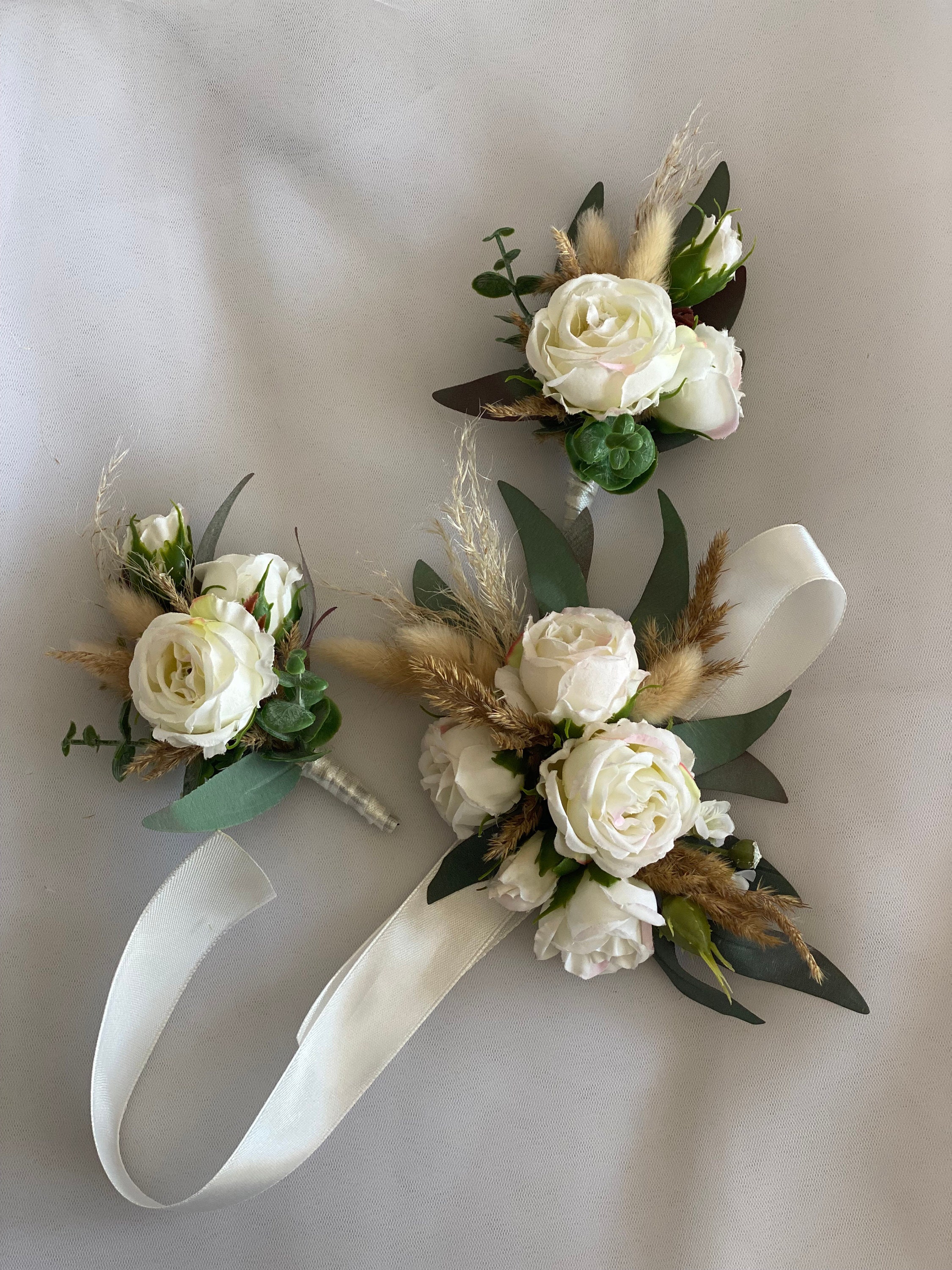 Classic White Roses Boutonniere, Faux Flower Boutonniere, Cream Corsage ...