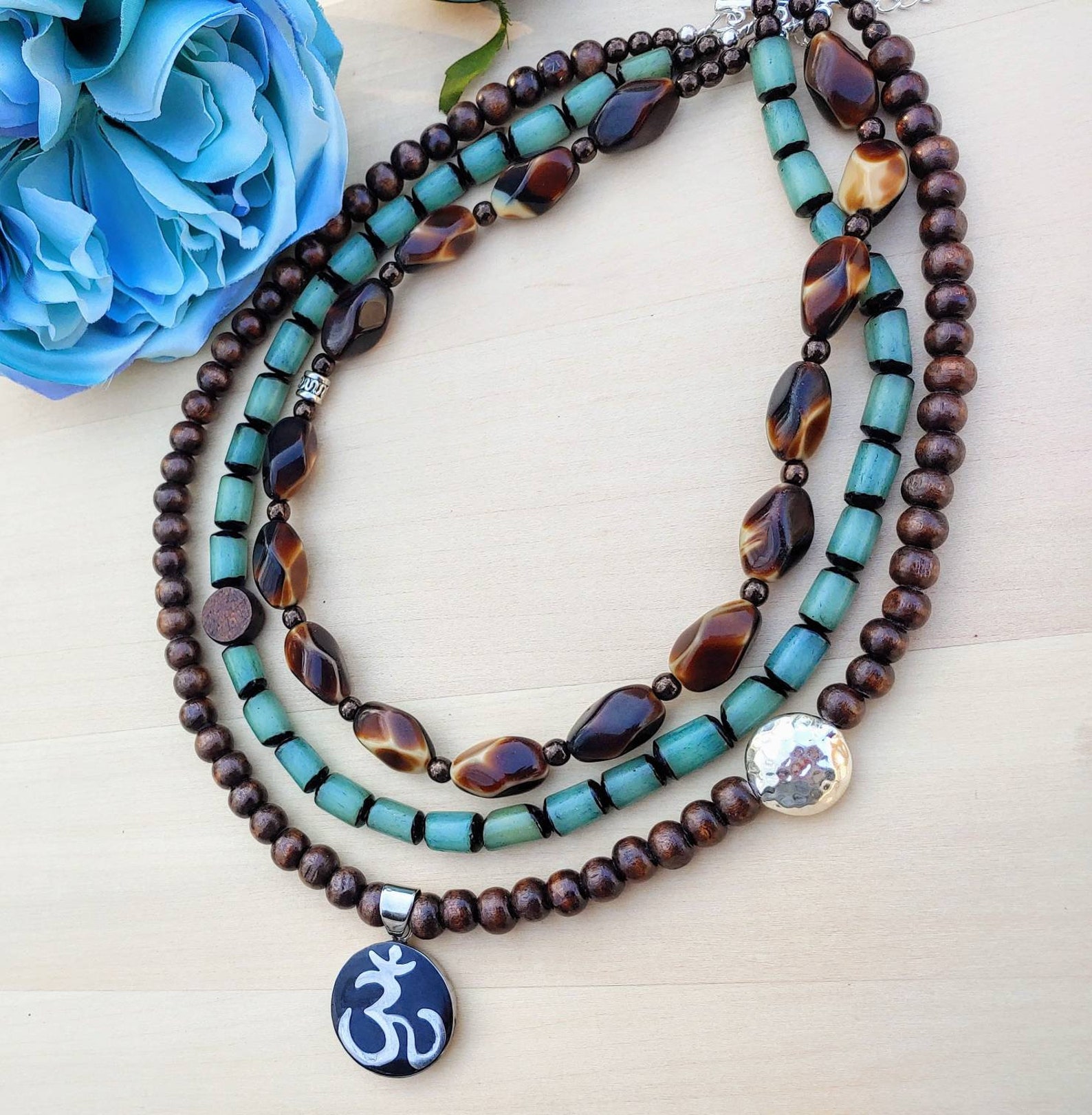 3 Strand Chunky Namaste Pendant Necklace - Etsy