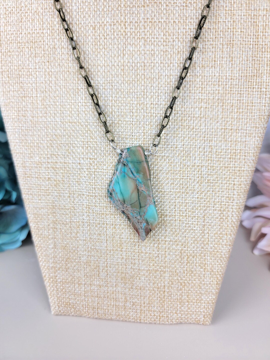 Turquoise Slab Pendant Necklace: Antique Gold Boho Chain - Etsy