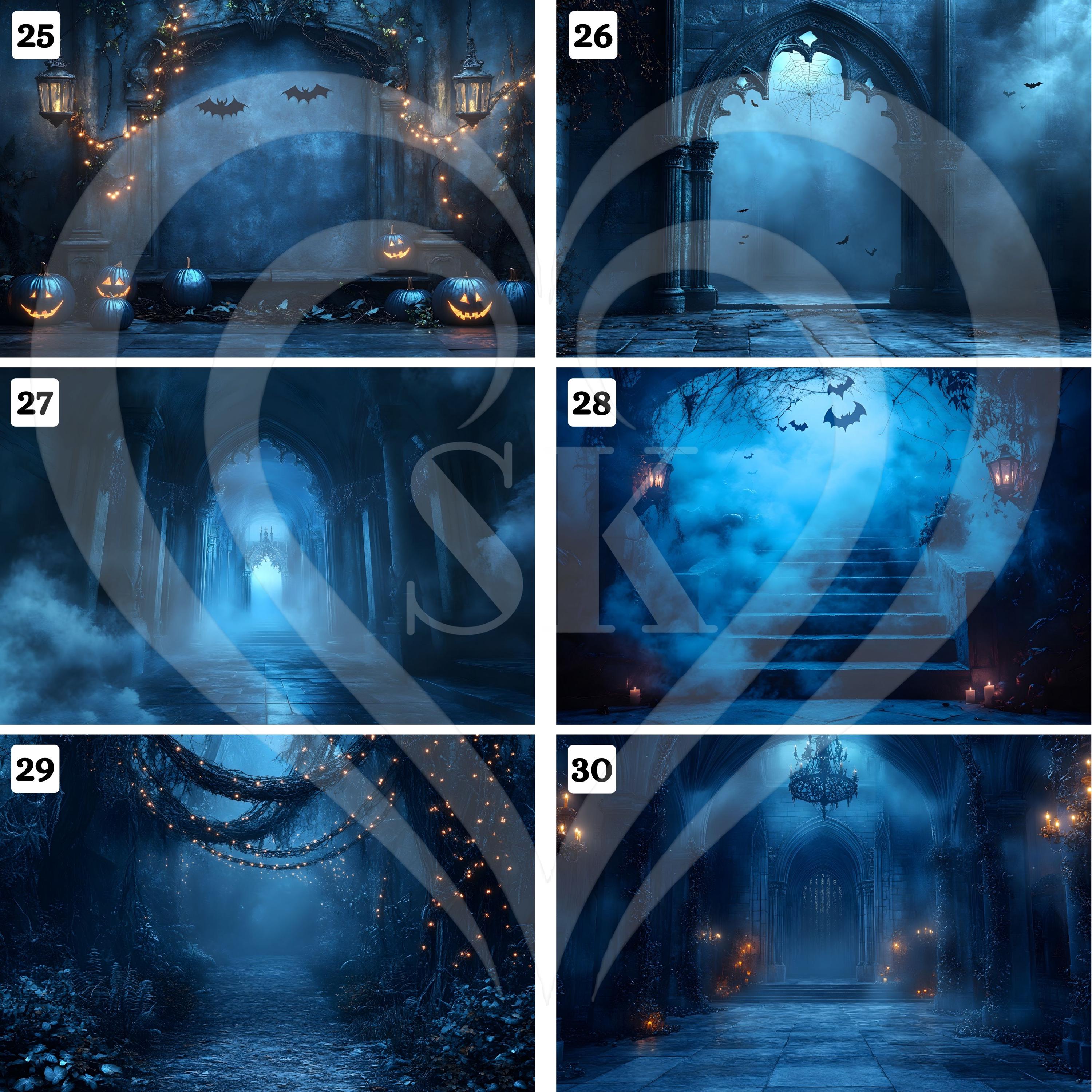 Scary Halloween DIGITAL BACKDROP Horror Dark Blue Haunted Mansion ...