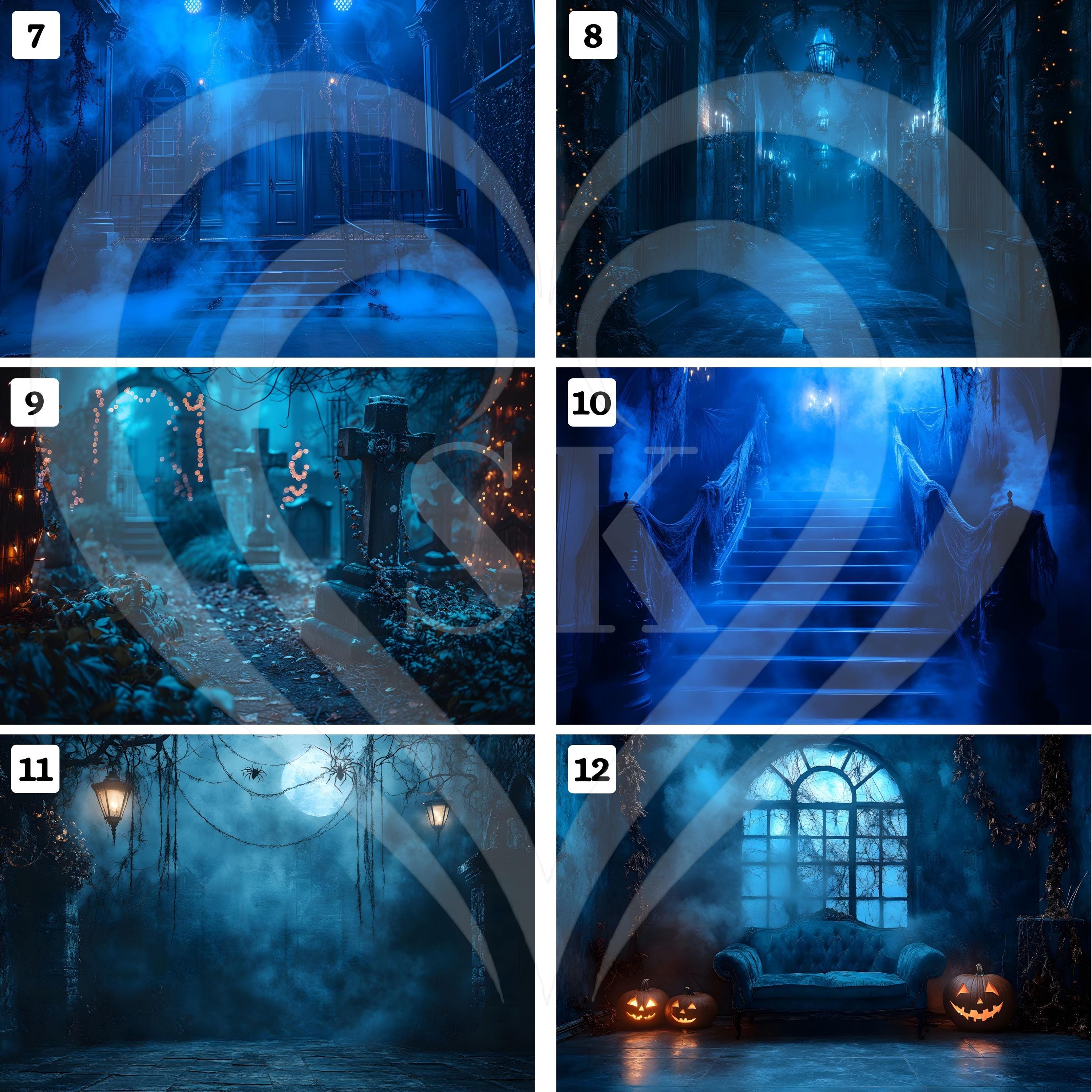 Scary Halloween DIGITAL BACKDROP Horror Dark Blue Haunted Mansion ...